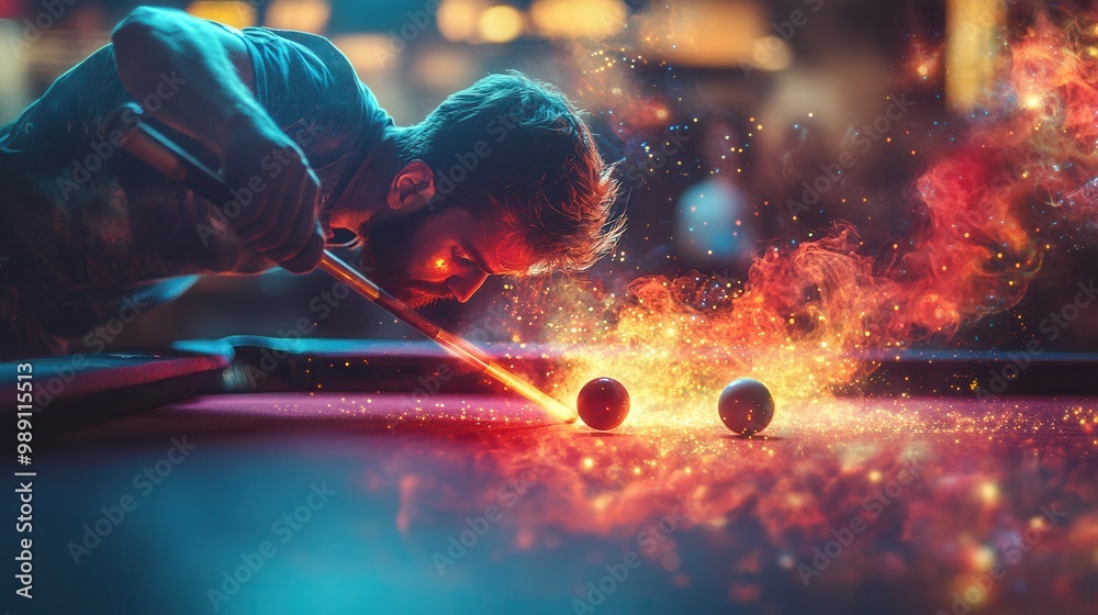a man playing billiards in a colorful environment the scene is ...
