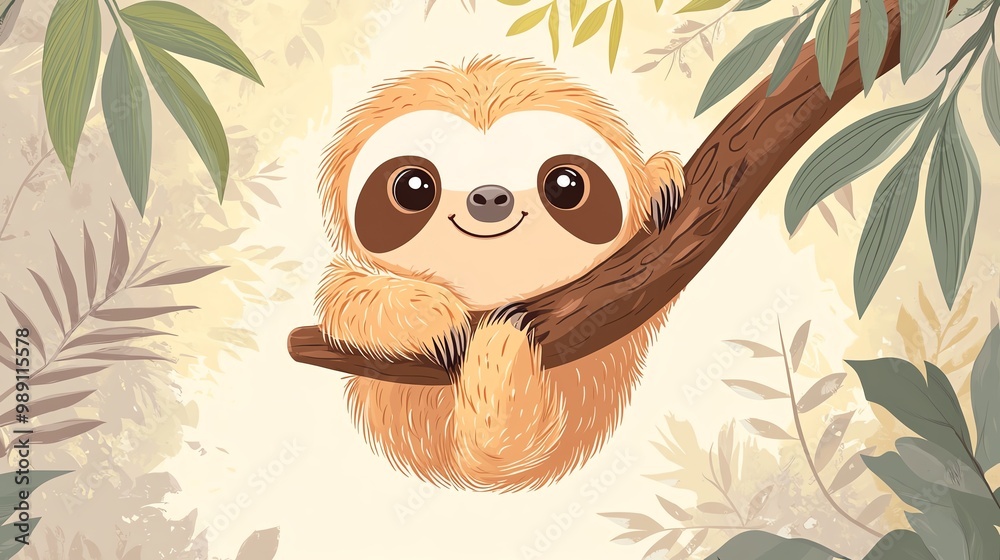 cute baby sloth hanging from a tree branch, smiling Cartoonish style ...