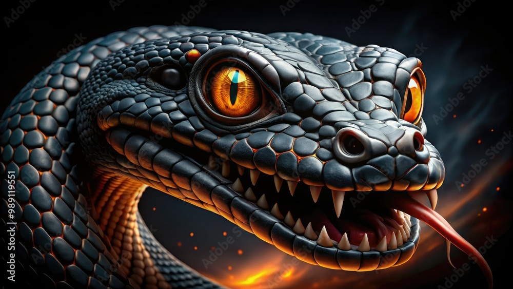 A menacing, scaly serpent's face emerges from darkness, its piercing ...