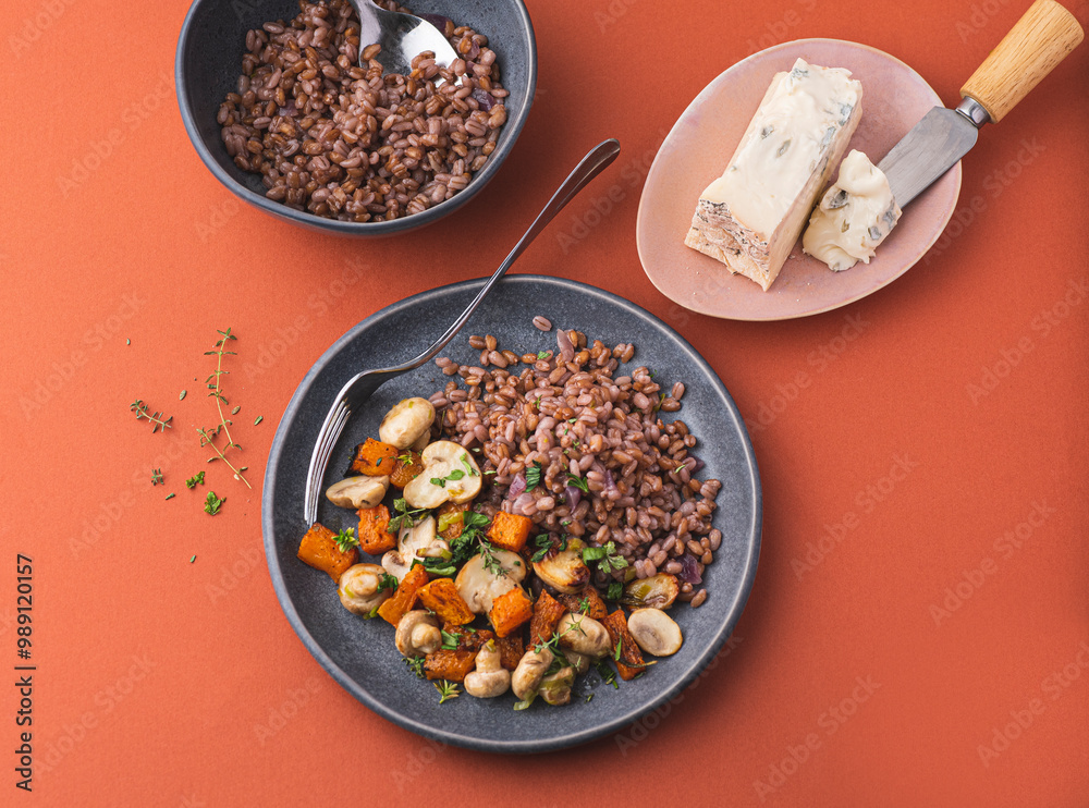 Pearl Barley Porridge or Italian Orzotto with mushrooms, baked pumpkin ...