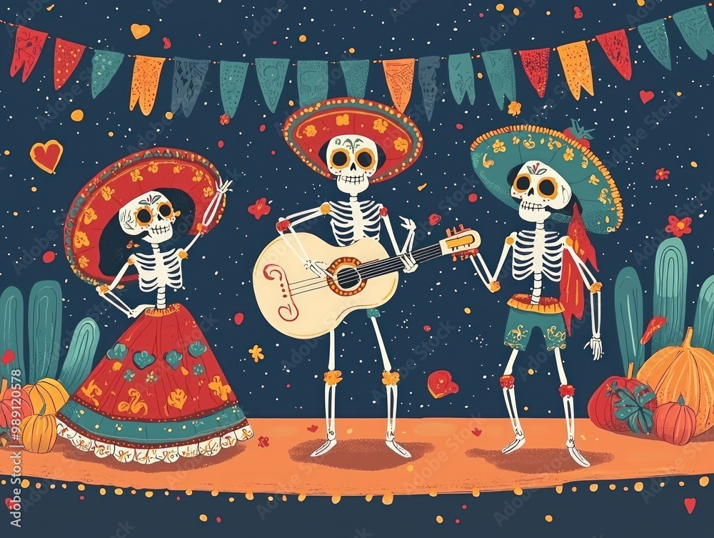 A vibrant image of three musical skeletons in traditional attire ...