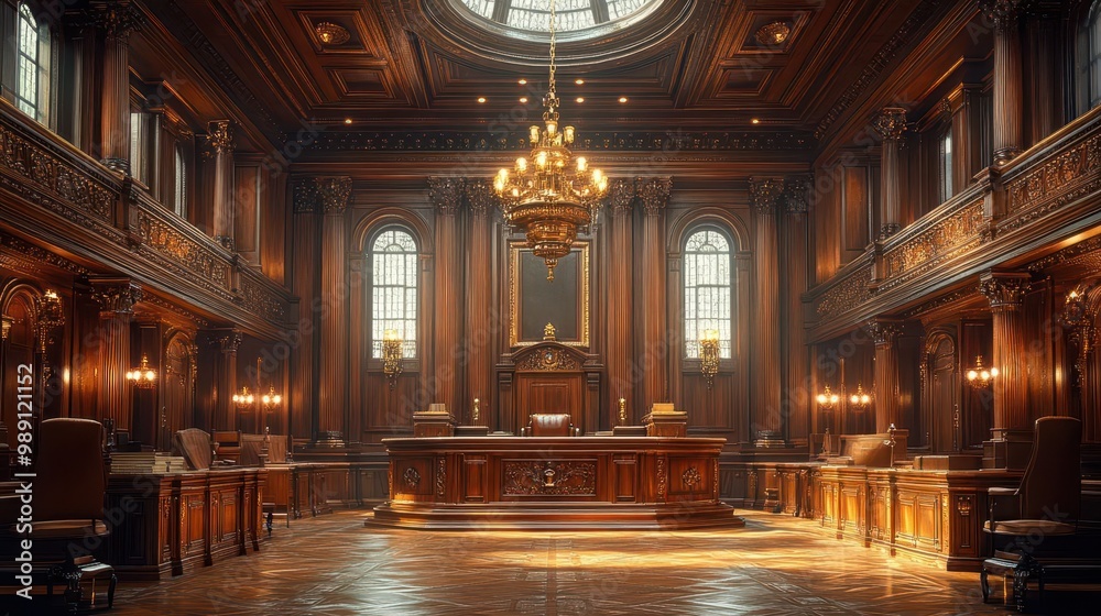 imposing courtroom interior rich mahogany woodwork ornate judges bench ...