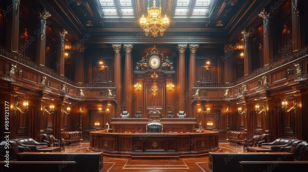 imposing courtroom interior rich mahogany woodwork ornate judges bench ...
