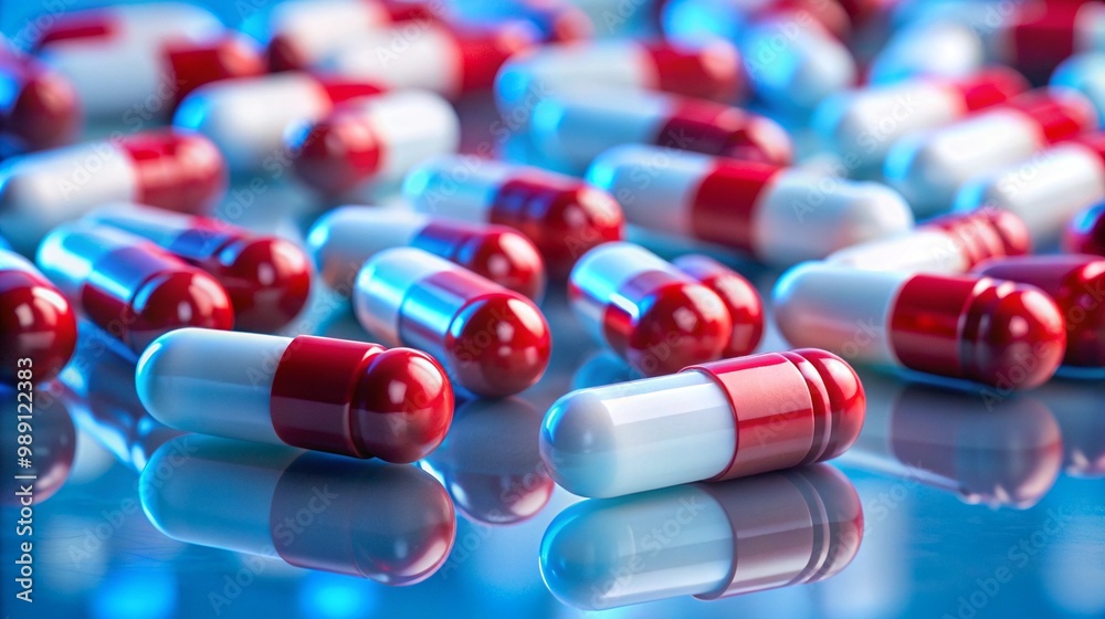 Red and white capsules scattered on a reflective blue surface ...