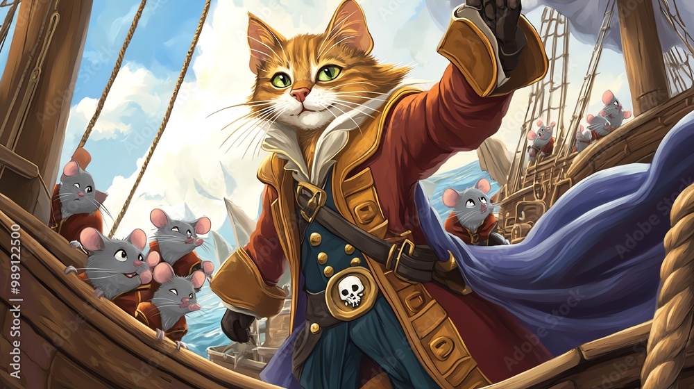 4 Cartoon cat pirate captain with a flowing coat, commanding a crew of ...