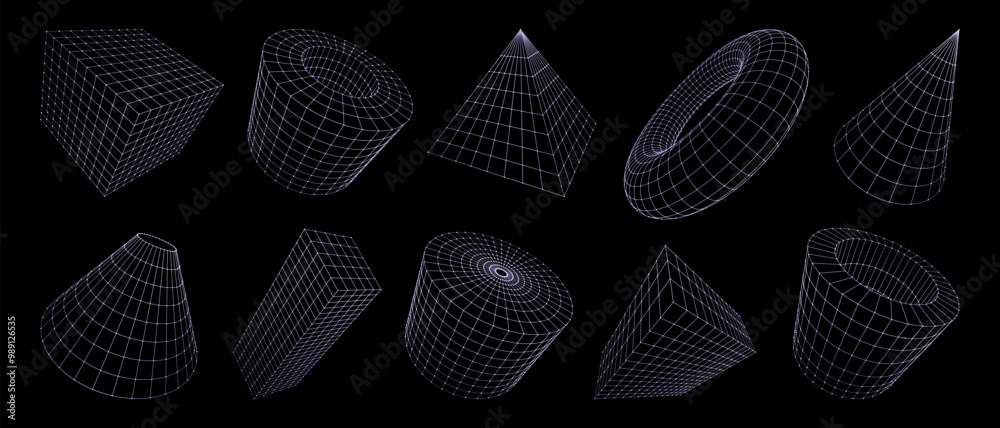 3d grid shapes, wireframe geometric figures. Vector line mesh ...