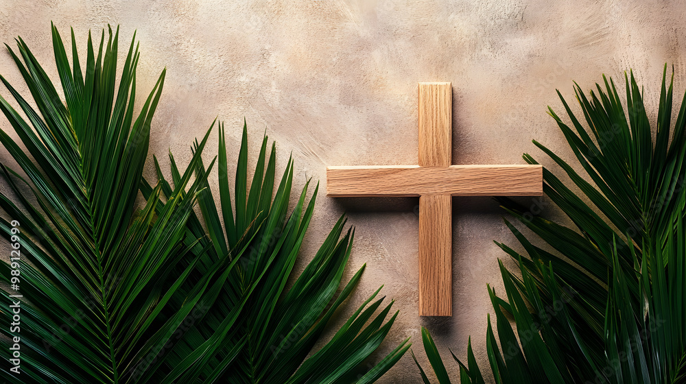 Palm Sunday concept. Wooden cross over palm leaves. Reminder of Jesus ...