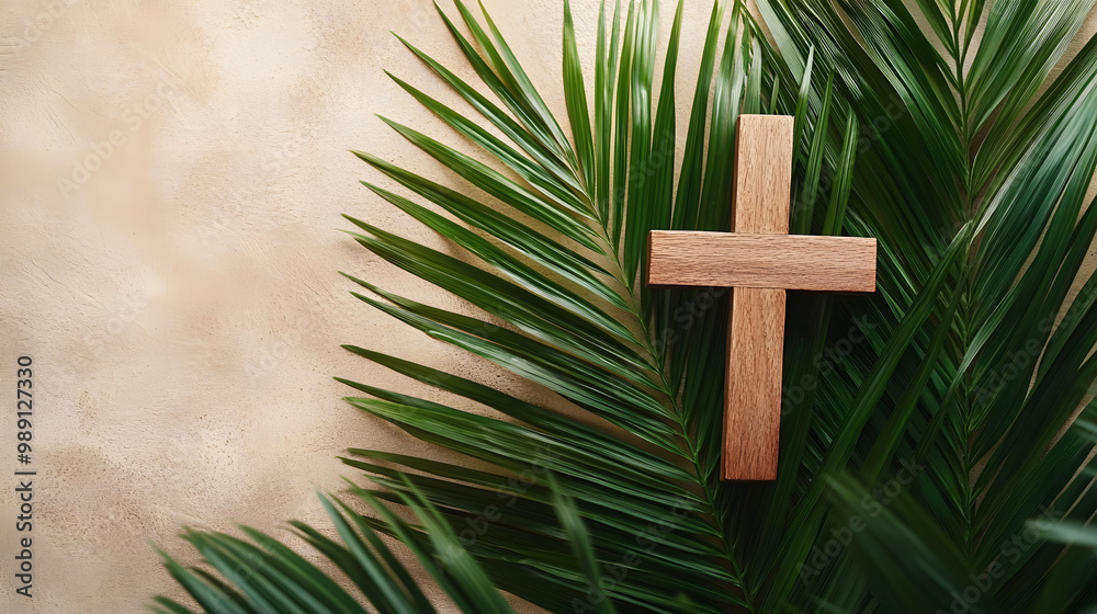 Palm Sunday concept. Wooden cross over palm leaves. Reminder of Jesus ...