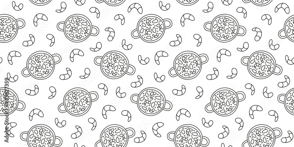 Black and white seamless pattern with doodle outline Spanish paella and ...