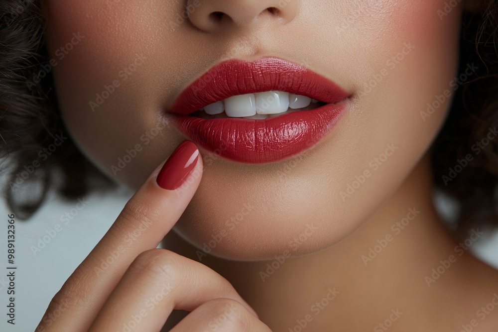 Matte red lips with smooth texture and a finger resting near the bottom ...