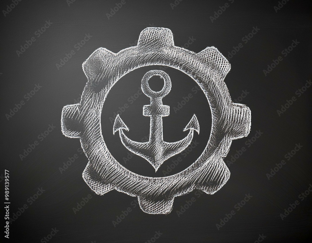 anchor in a gear chalk drawing marine engineering industrial maritime ...