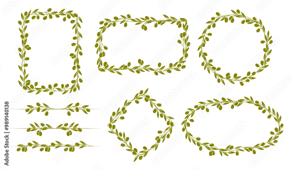 Olive leaves frame and border lines with green tree branches and fruits ...