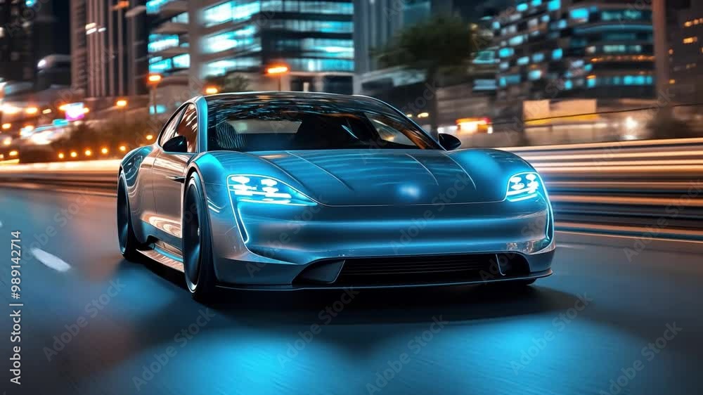A sleek electric car driving through a modern city at night, the cool ...
