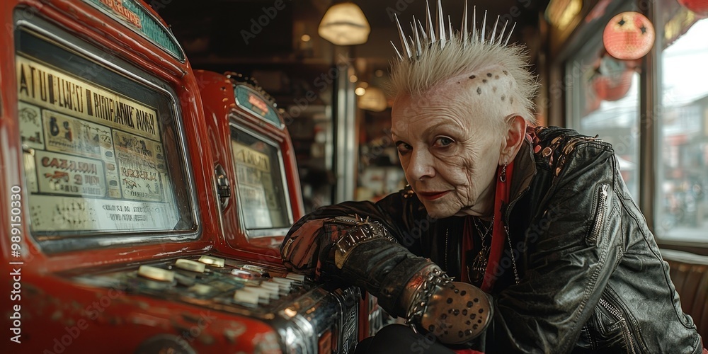 An elderly woman with a spiked mohawk, dressed in a leather jacket and ...