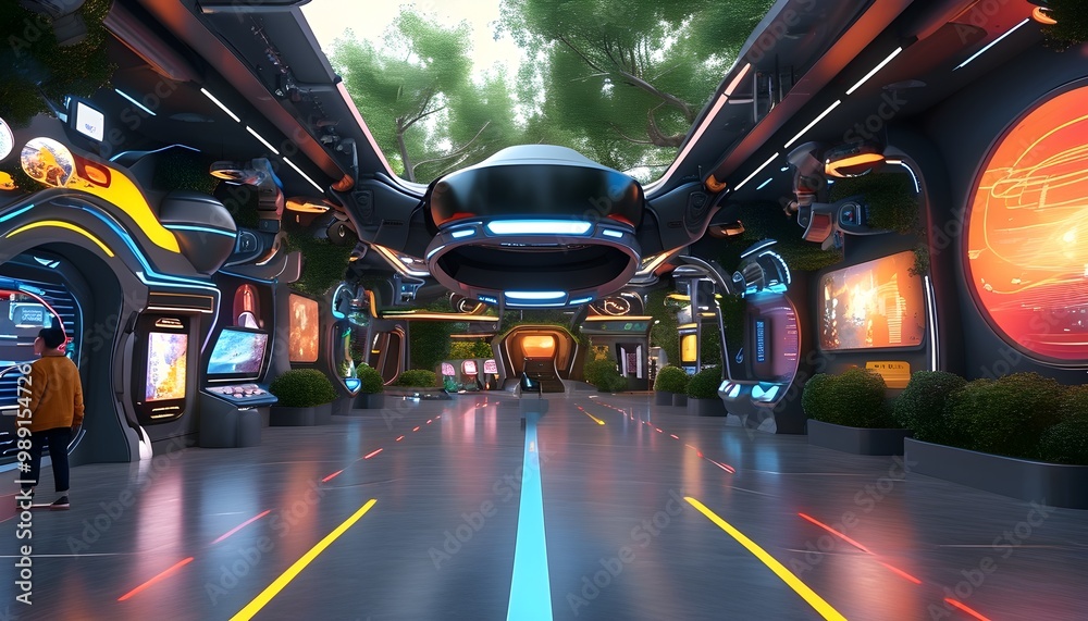 Futuristic theme park featuring VR rides, interactive exhibits, and AI ...