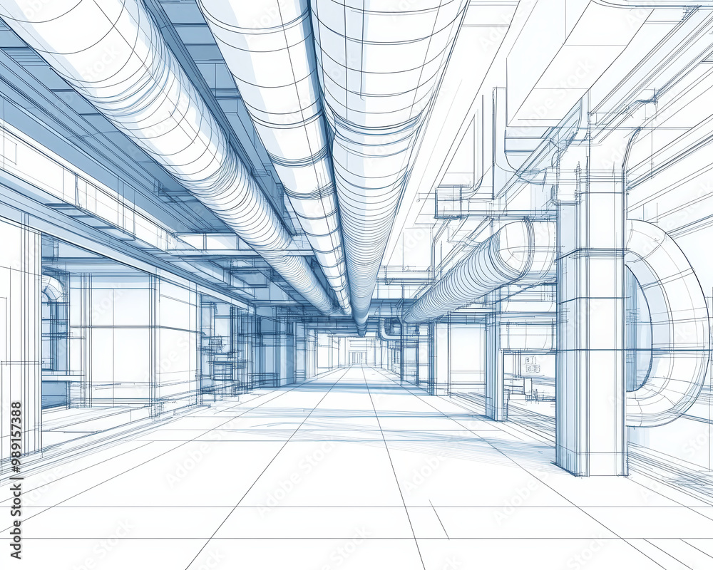 Highly detailed vector schematic of air ducts running through an ...