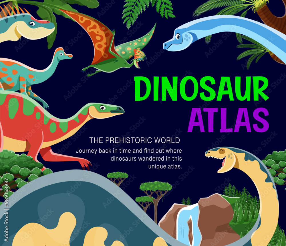 Prehistoric dinosaurs atlas book cover with Jurassic era lizards ...