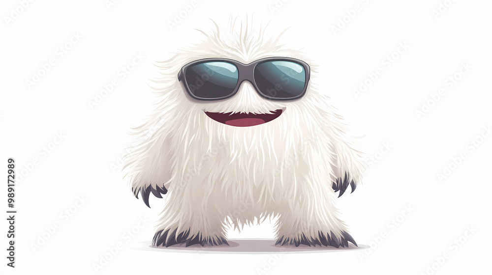 Cartoon smiling yeti or bigfoot hairy character wearing sunglasses on ...