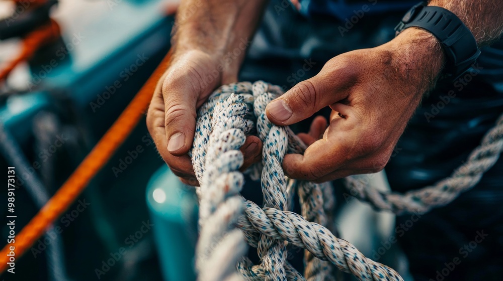 Detail of hands cleating off superyacht mooring lines on the foredeck ...