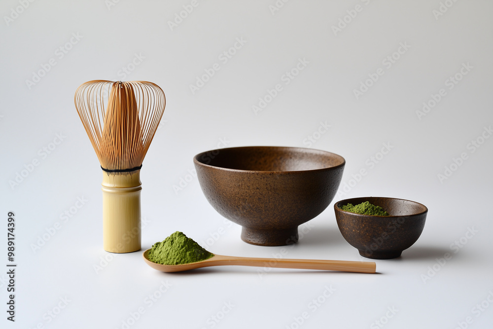 The matcha green tea with traditional accessories of a glass of iced ...