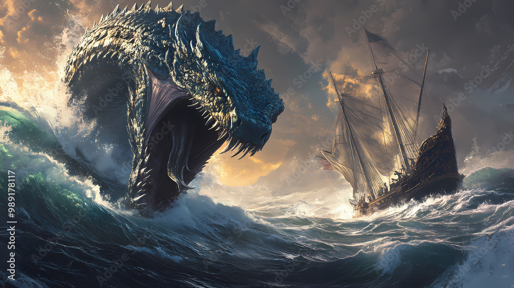 Amidst the crashing waves, a brave captain battles a giant sea serpent ...