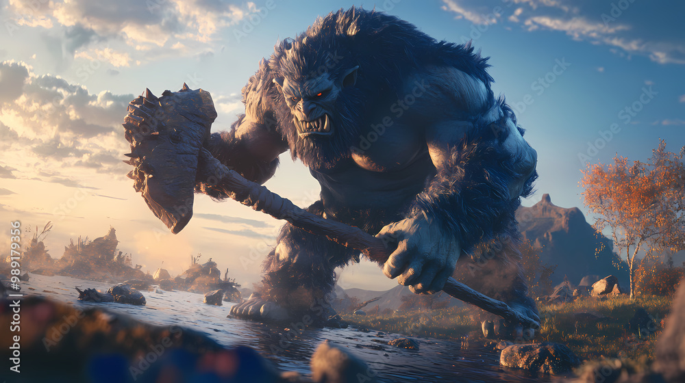 An enraged troll strikes his enemy with his battle club. fantasy ...