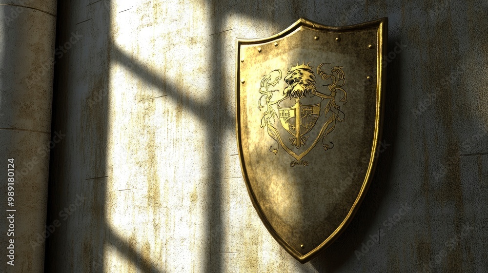 A medieval tower shield with a lion crest, leaning against a stone ...
