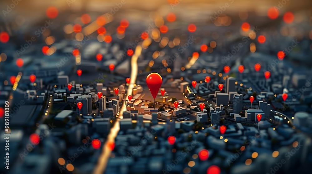 Digital map of city red pins and location marker, global flight ...