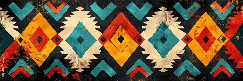 Aztec pattern using a bright color palette of red, yellow, and teal ...
