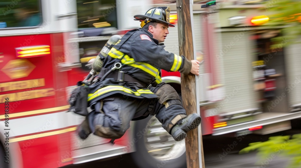 Firefighter in full gear slides down fire station pole, ready for ...
