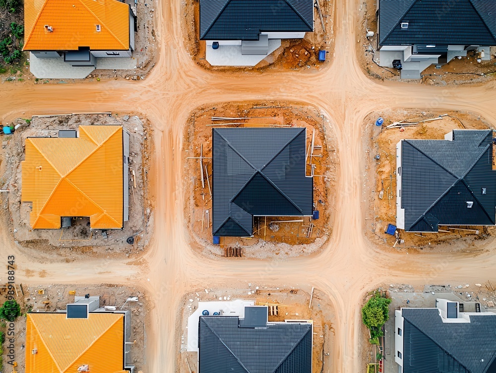 Aerial view of a construction site with multiple houses in various ...