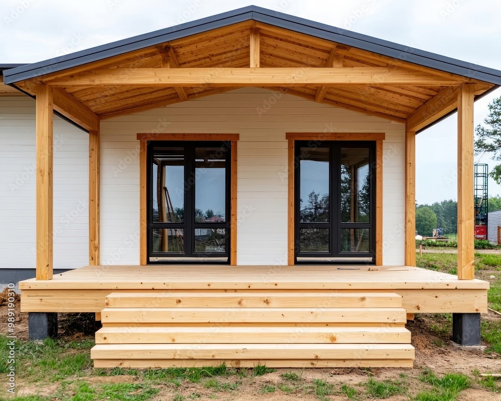 House with a partially built porch, carpenters working on the decking ...