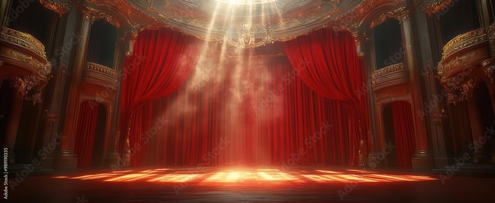 opulent theater stage with rich red velvet curtains parting to reveal a ...
