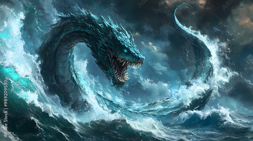 Leviathan a massive sea serpent rising from the depths ancient biblical myth turbulent waters ...