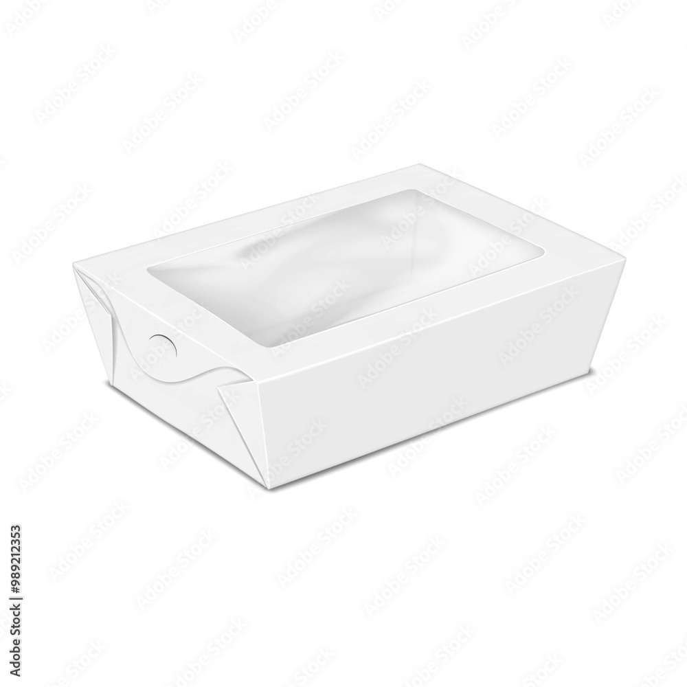 Paperboard takeout food box with clear plastic window. 3d mockup. White ...