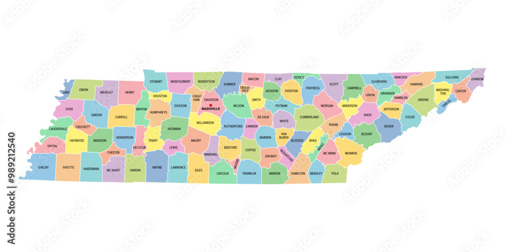 Tennessee, U.S. state, subdivided into 95 counties, multi colored ...
