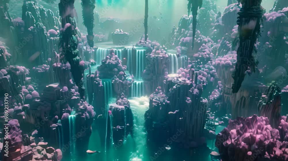 A vibrant underwater scene with cascading waterfalls, towering topaz ...