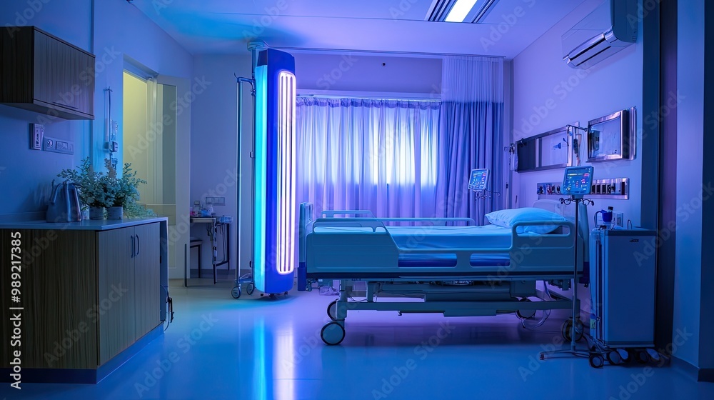 UV sterilization device being used in a hospital room, ensuring ...