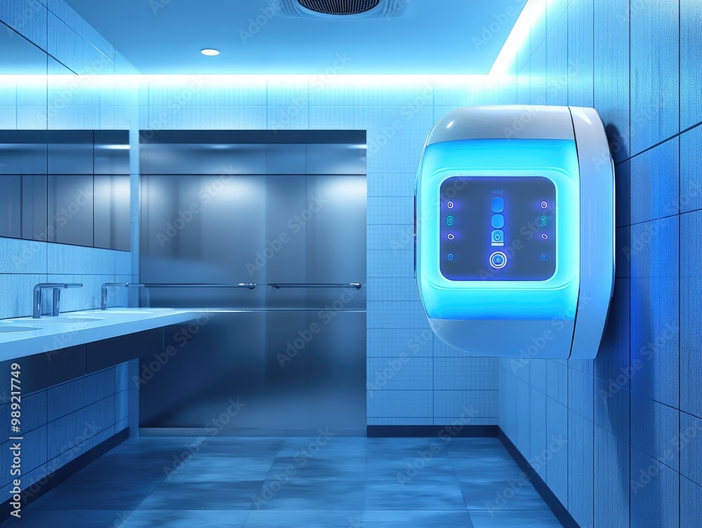 UV sterilization device cleaning a public restroom, ensuring ...