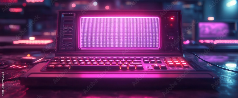retro cyberpunk dreamscape 80s computer screen displaying neon purple ...