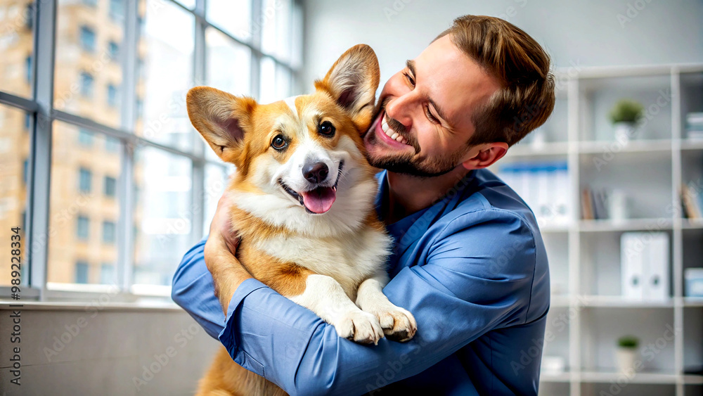 Happy male vet doctor in uniform cuddling and playing with Pembroke ...