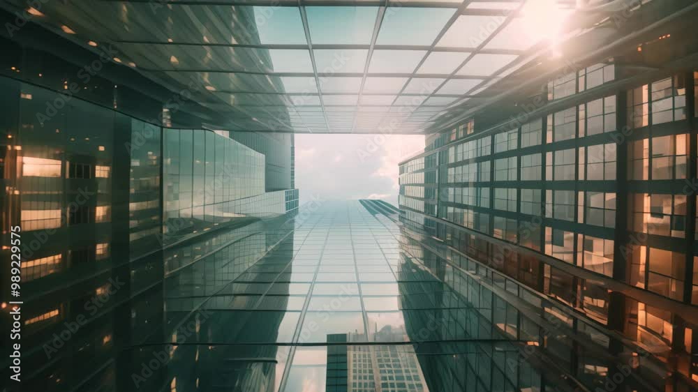 A low-angle view of a tall skyscraper with a reflective glass facade in ...