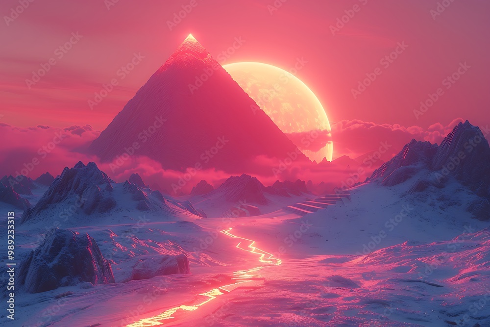 Surreal desert landscape with towering sand dunes and a 2D pathway ...