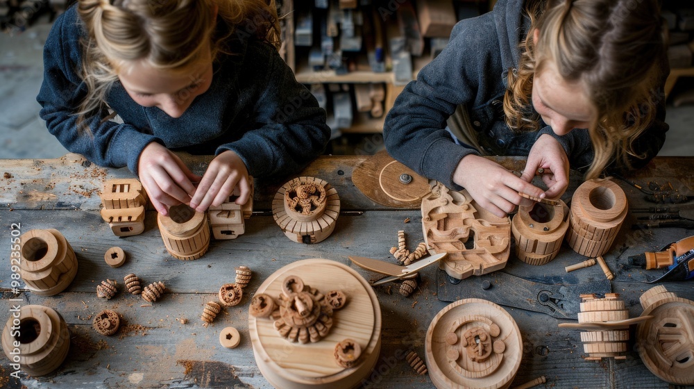 Two children working on intricate wooden gears and objects at a ...