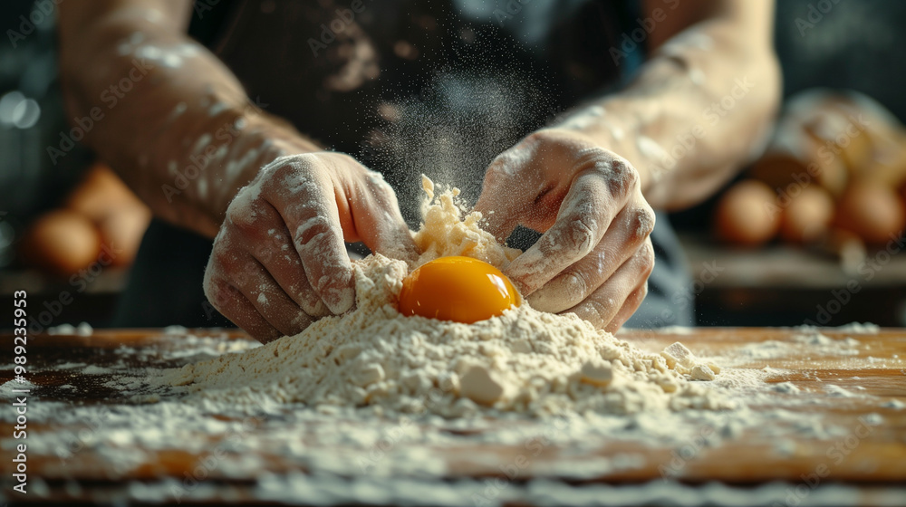 hands cracking an egg into flour on wooden table, baking skill behind ...