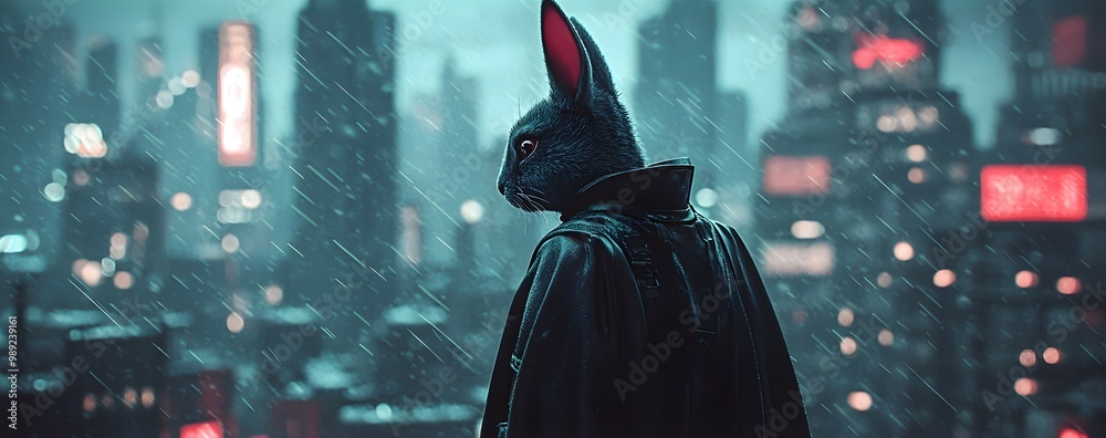 Rabbit in Batman inspired Costume Prowling the Rainy Neon lit Streets ...