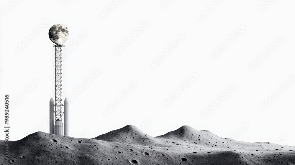 Futuristic rocket on the moon with a detailed lunar landscape ...