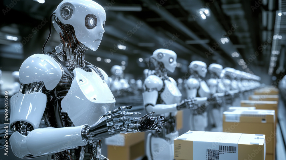 Autonomous robots in a factory powered by AI, improving productivity ...