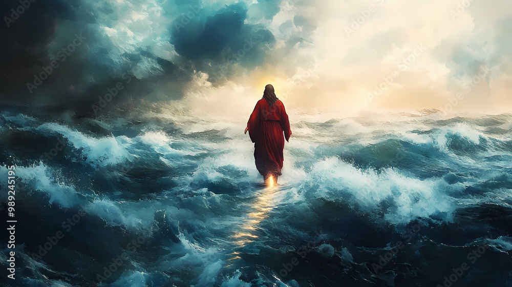 Surreal portrait of jesus walking on stormy sea glowing footsteps ...
