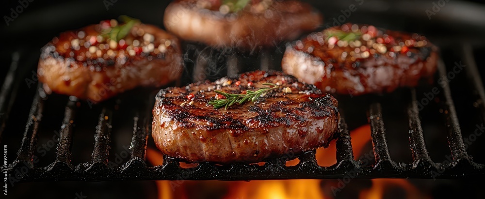 sizzling bbq feast juicy pork chops midair char marks visible seasoning ...